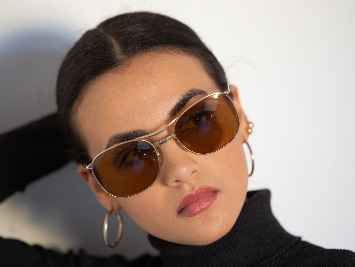 1960s PERSOL RATTI vintage sunglasses round gold metal with double bri ...